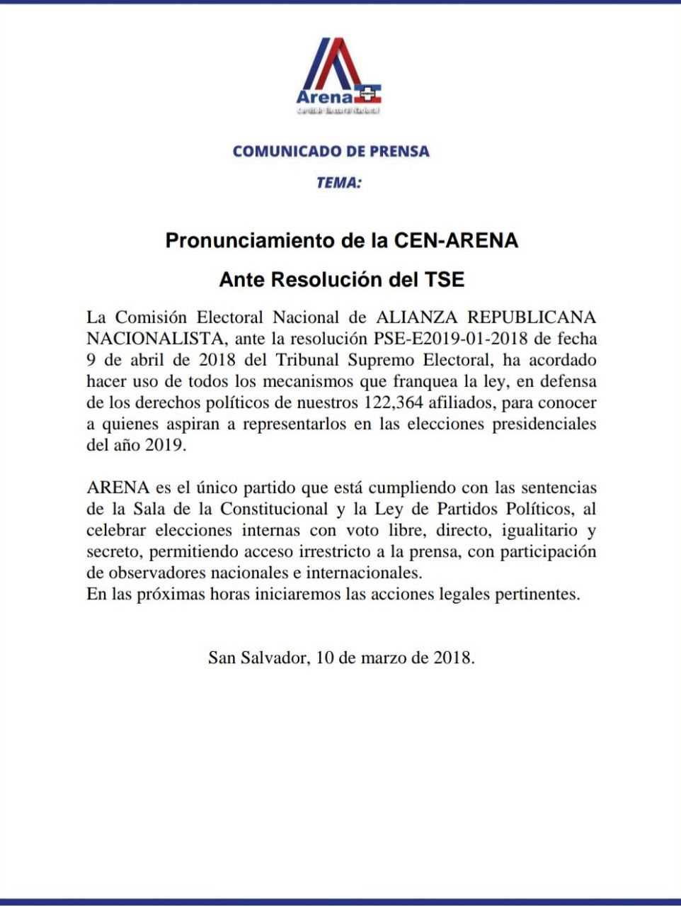 ARENA le responde al TSE: Somos el único partido que está cumpliendo ...