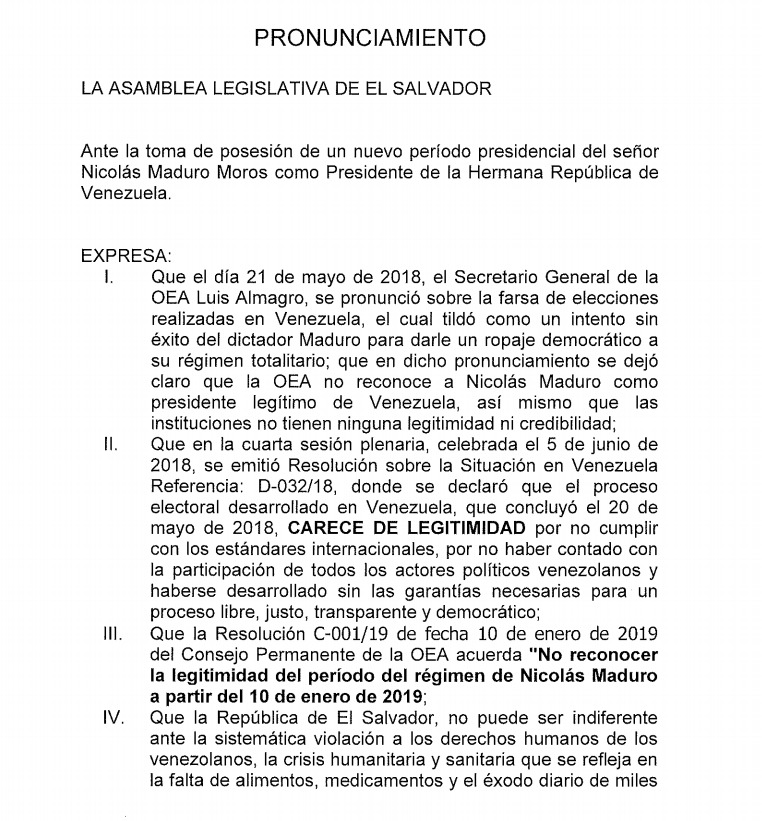 Asamblea de El Salvador desconoce a Maduro y respalda a Guaidó en Venezuela